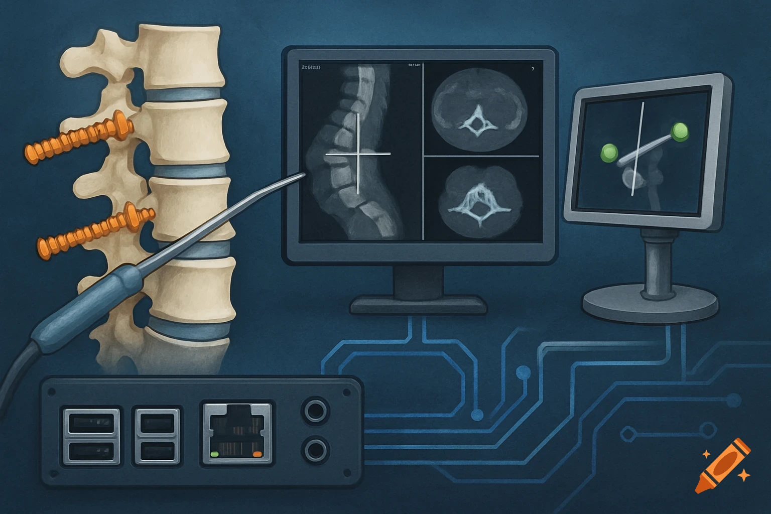 Spine model with screws, surgical tool, medical monitors showing scans ...