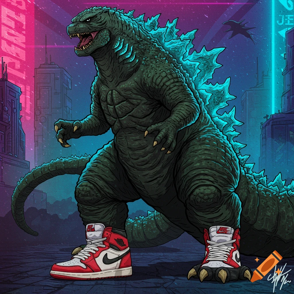 Illustration of Godzilla wearing a gold chain and rapping into a ...