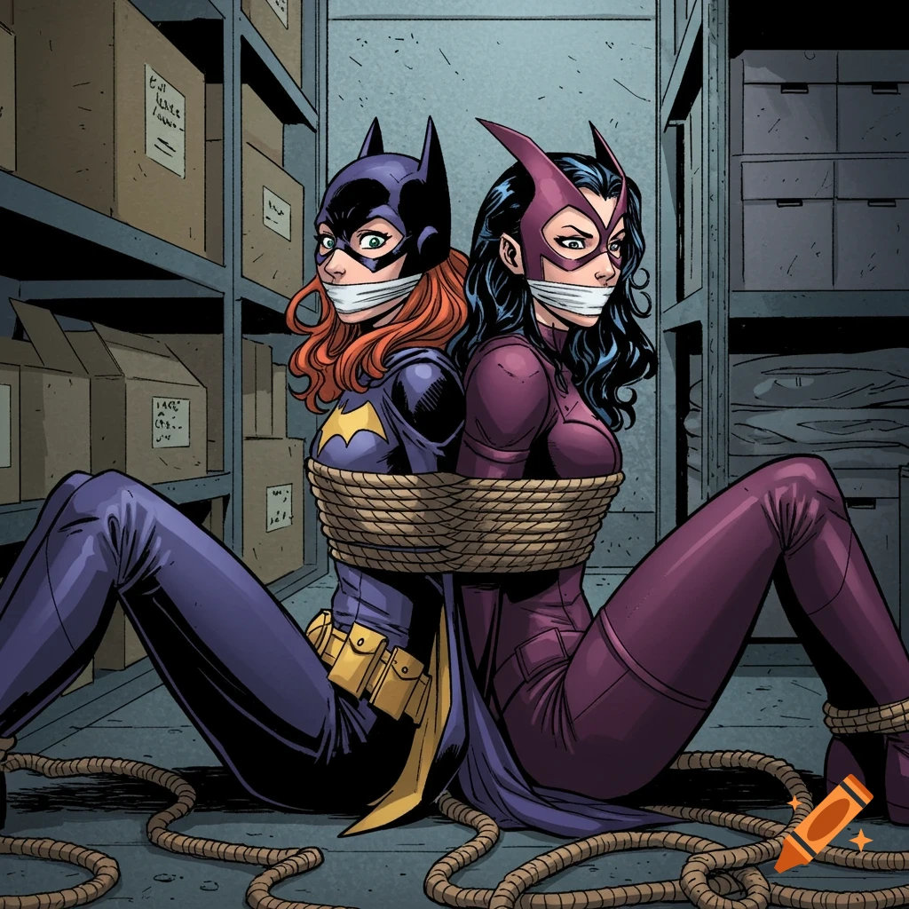 Batgirl and Huntress are tied up and gagged in a comic book style storage room. on Craiyon