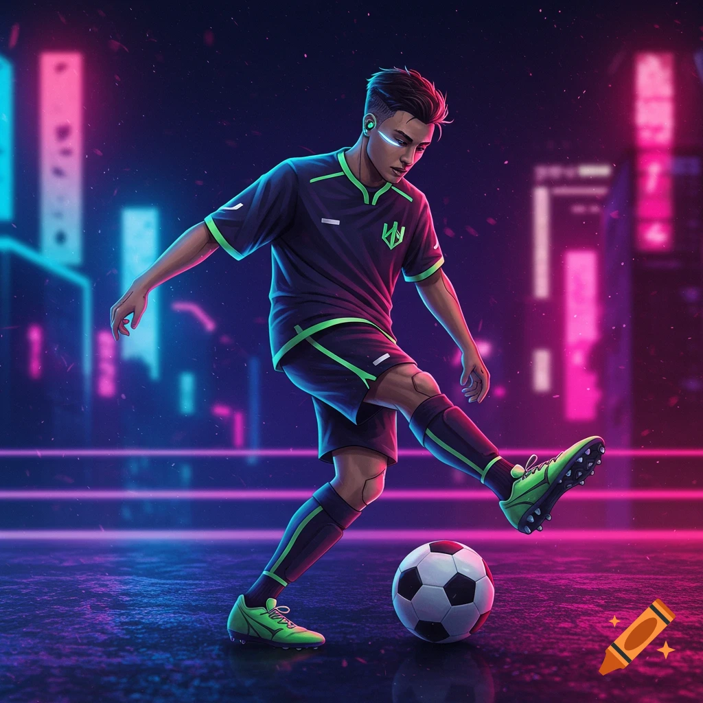 A cool soccer player kicks a ball in a neon city at night. on Craiyon