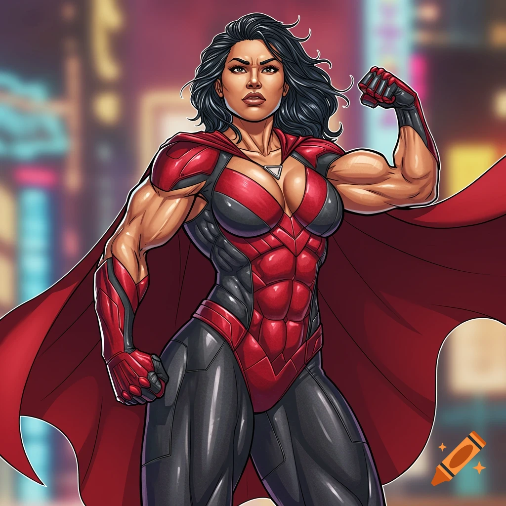 Image of a muscular female superhero in a red and grey suit flexing her bicep against a city ...