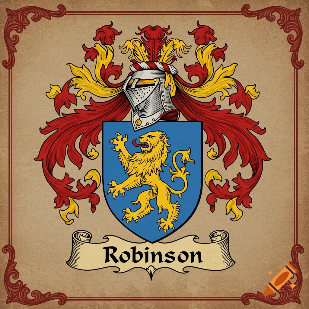 A family crest featuring a lion, shield, helmet, and the name 'Robinson ...