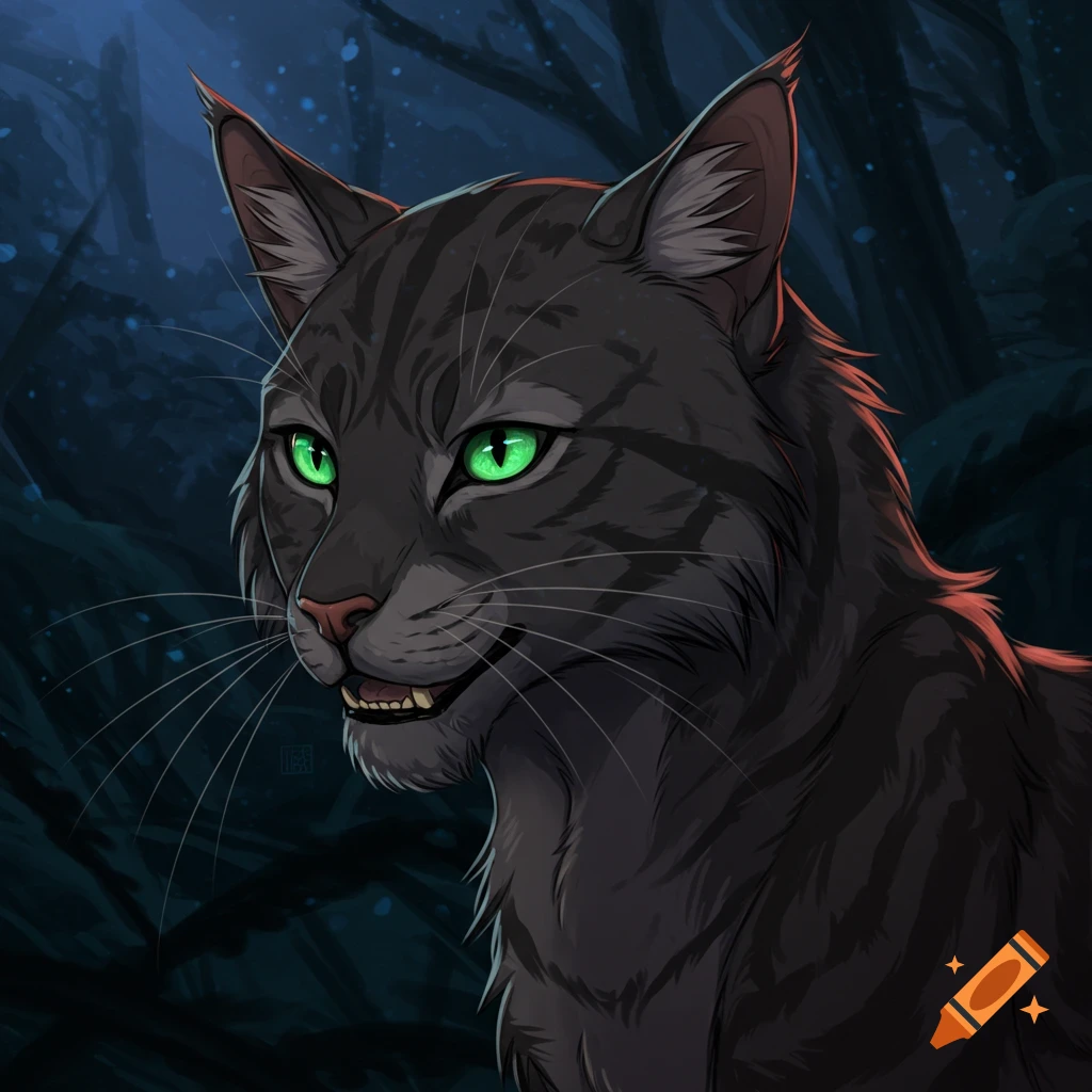 A grey tabby cat with bright green eyes is sitting in a dark forest. on Craiyon