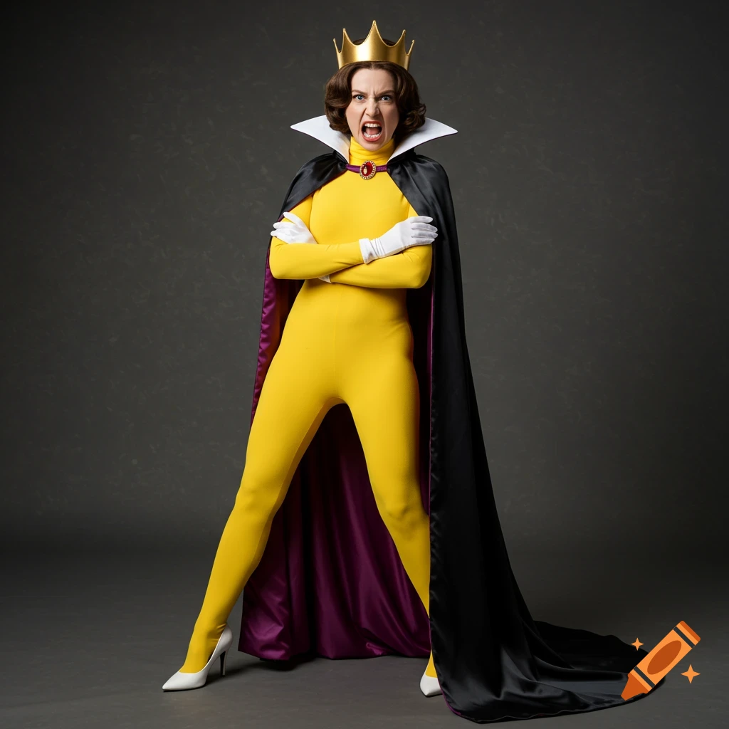 Norman Rockwell-style painting of an angry queen in a yellow zentai ...
