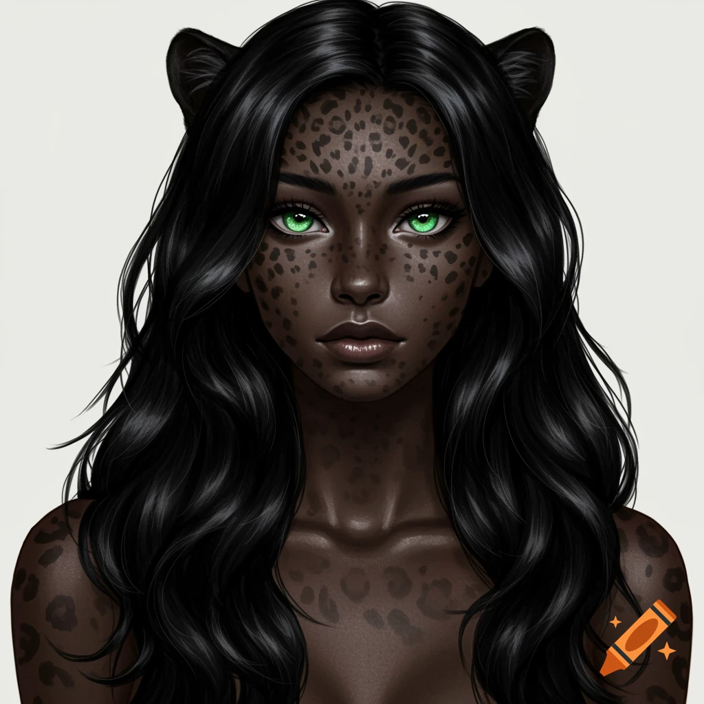 Illustration of a beautiful jaguar demi-human woman with black hair ...
