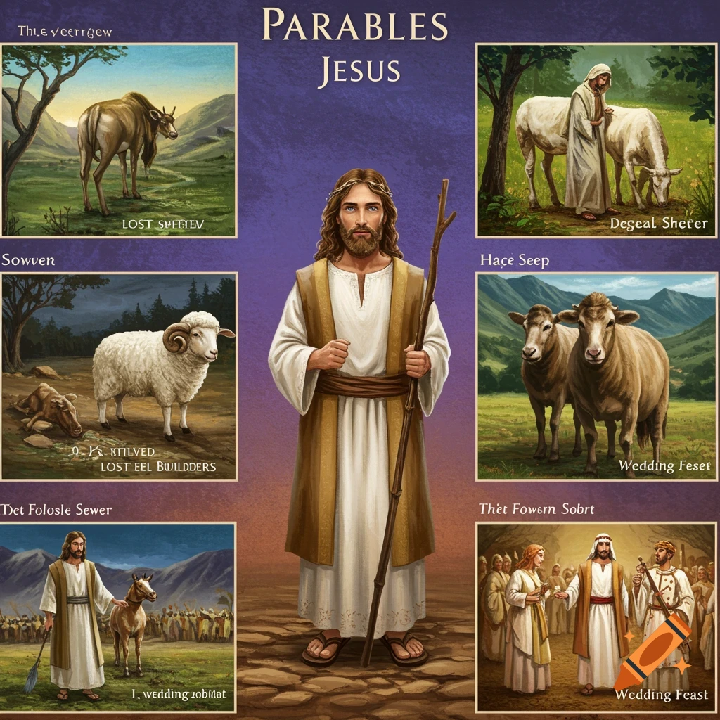 An image showing Jesus with a staff, surrounded by panels illustrating ...