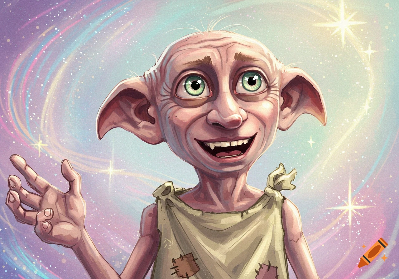 The character Dobby smiling with his hand raised, against a swirling ...
