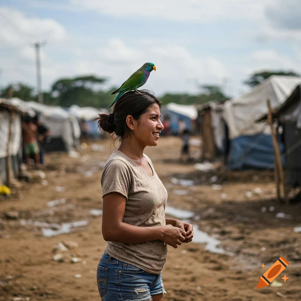 Young woman in refugee camp with bird on head on Craiyon