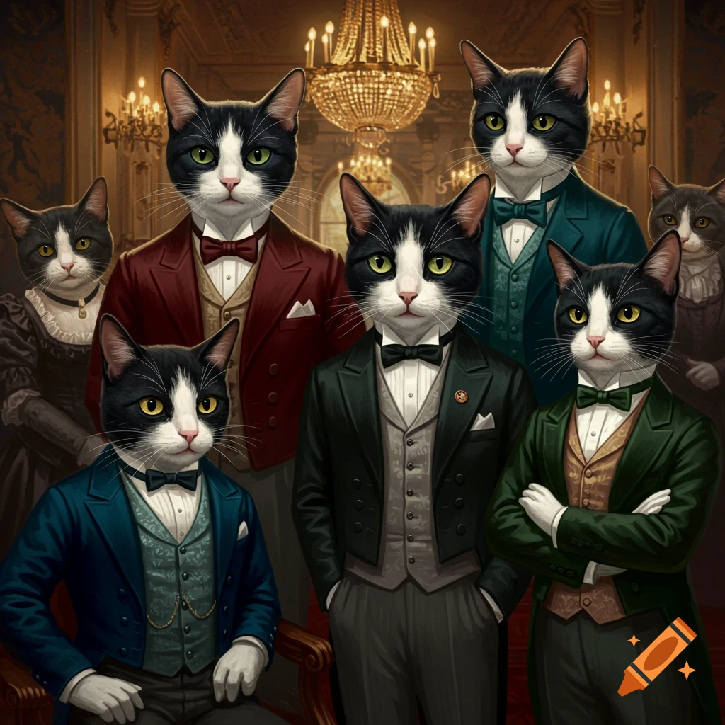 Several tuxedo cats in Victorian formal wear inside a grand room. on ...