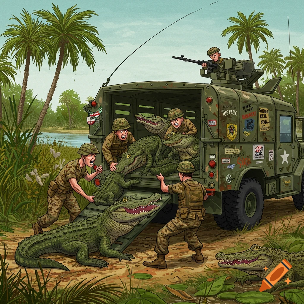 Soldiers loading alligators onto a military truck in a swamp. on Craiyon