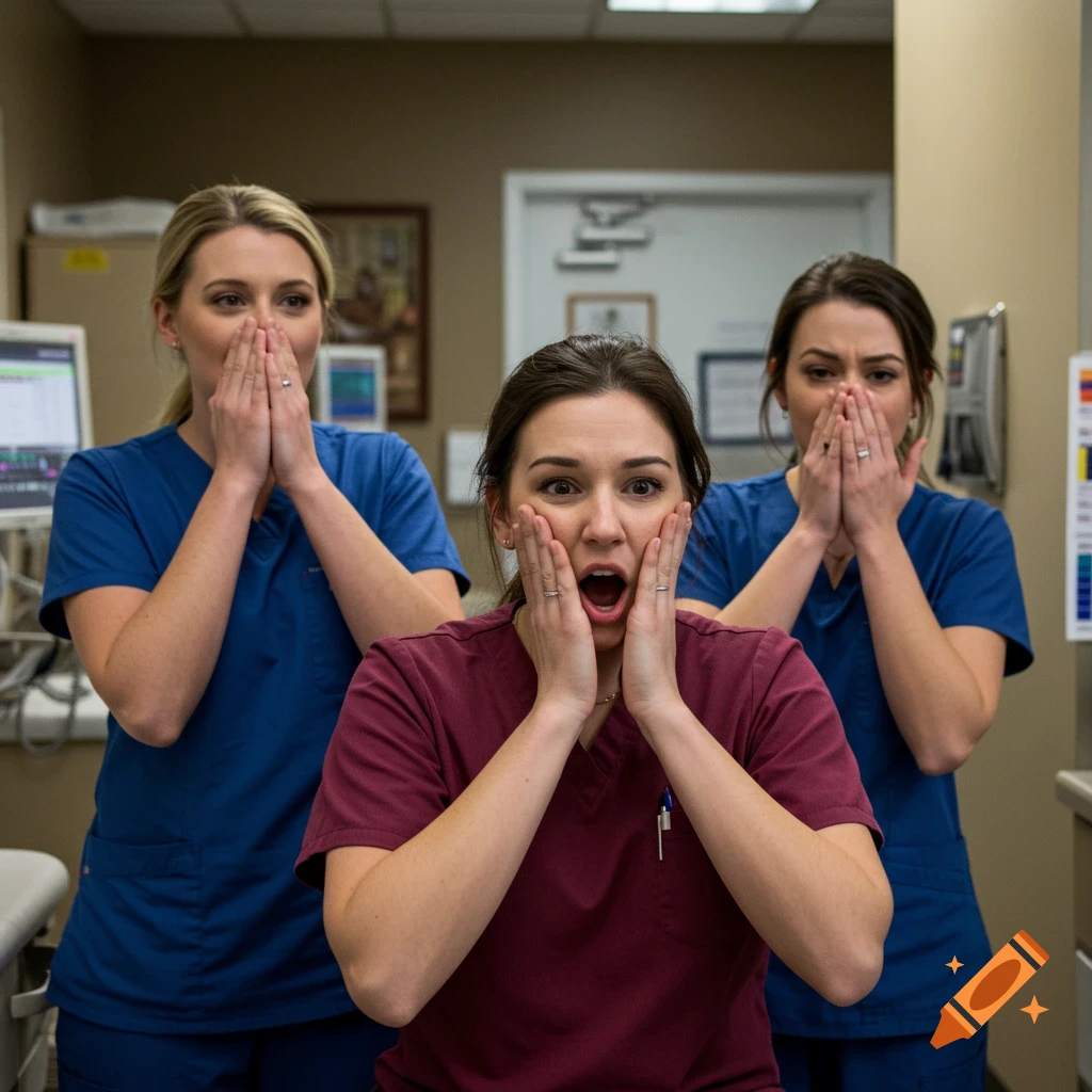 Three nurses in a medical setting react with surprise, hands covering ...