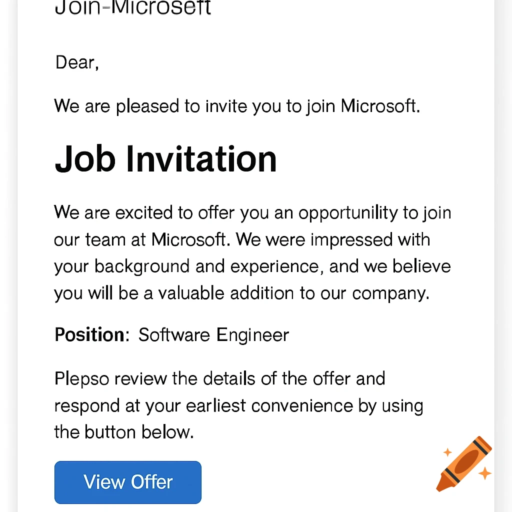 Text of a Microsoft job invitation email. on Craiyon