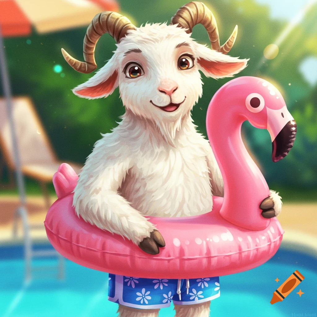A cute anthropomorphic goat in swim trunks holds a pink flamingo ...