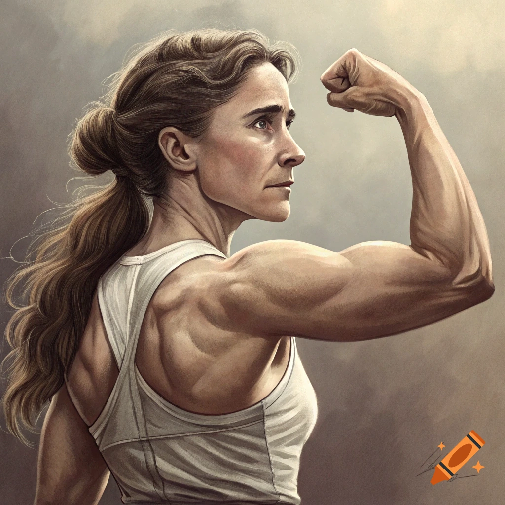 Portrait of a muscular woman flexing her bicep. on Craiyon