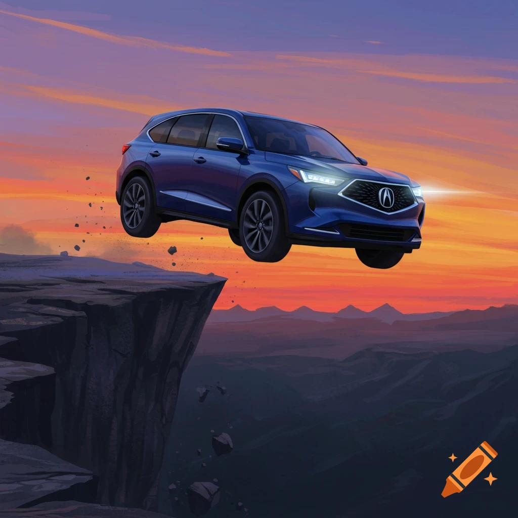 Blue SUV flying off a cliff at sunset. on Craiyon