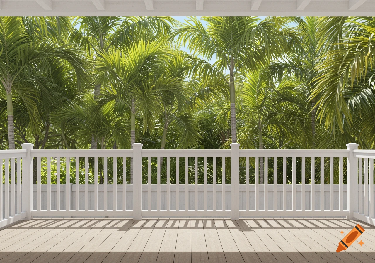Patio with white railing and tropical leaves on Craiyon