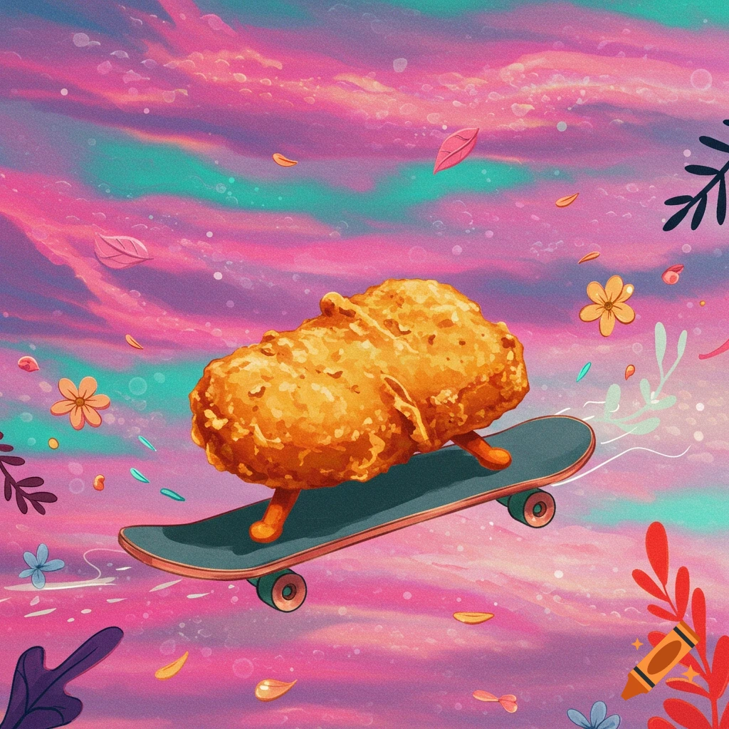 Chicken nugget skateboarding in colorful sky on Craiyon