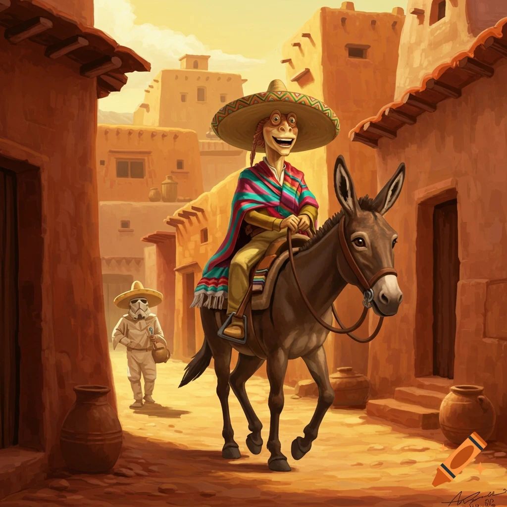 Jar Jar Binks in Mexican clothing on a mule in an adobo village on Craiyon