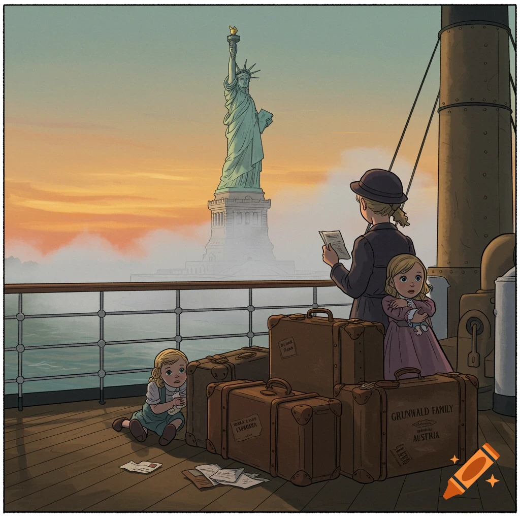 Illustration of the Grunwald family leaving Vienna for New York, with ...