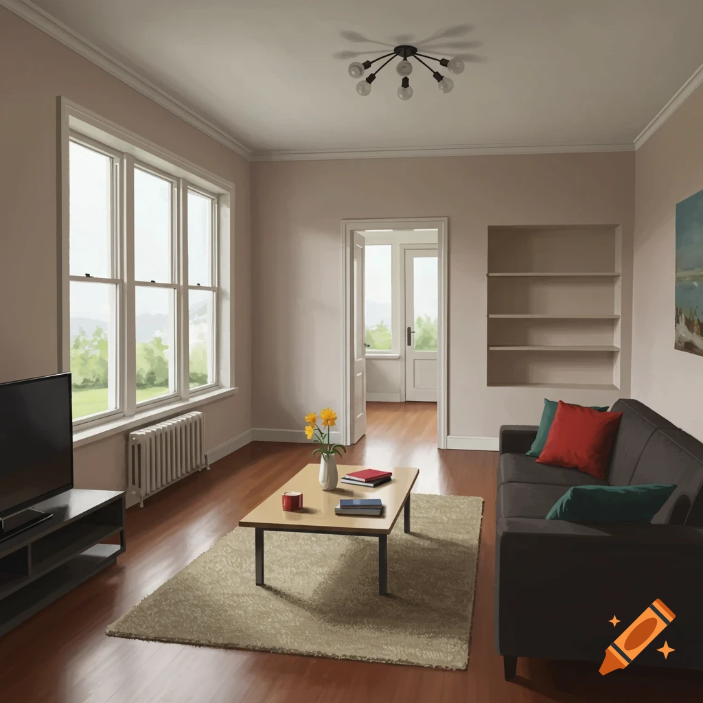 Living room interior with dimensions and features on Craiyon