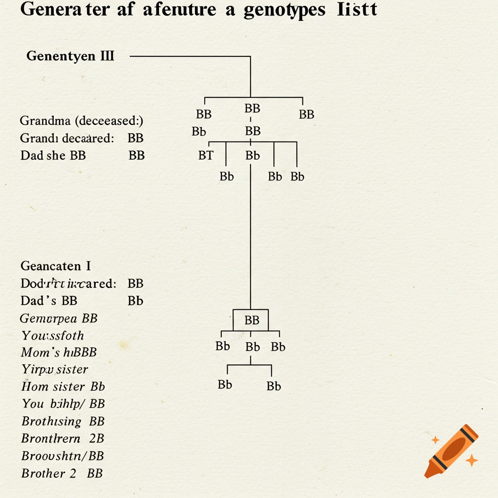 Pedigree chart showing genotypes across three generations on Craiyon