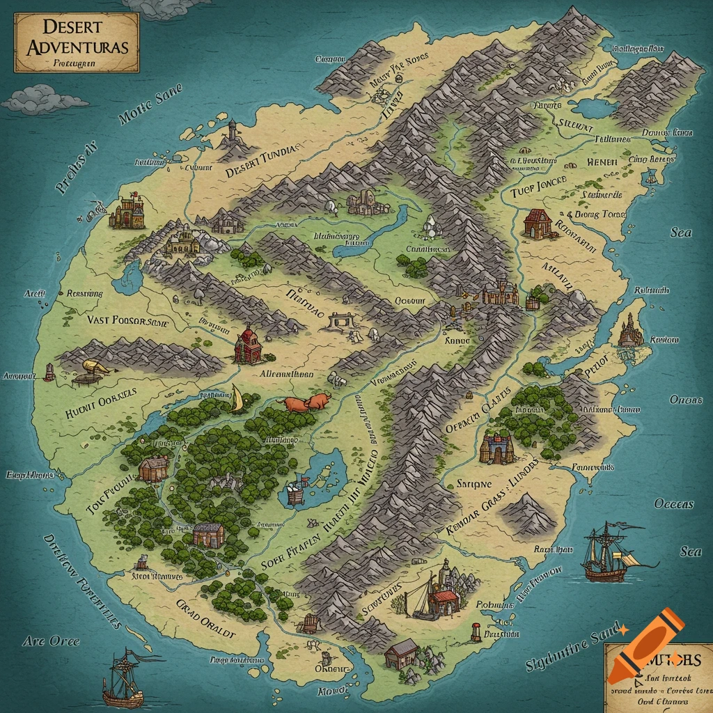 Fantasy world map featuring diverse biomes, cities, towns, and villages ...