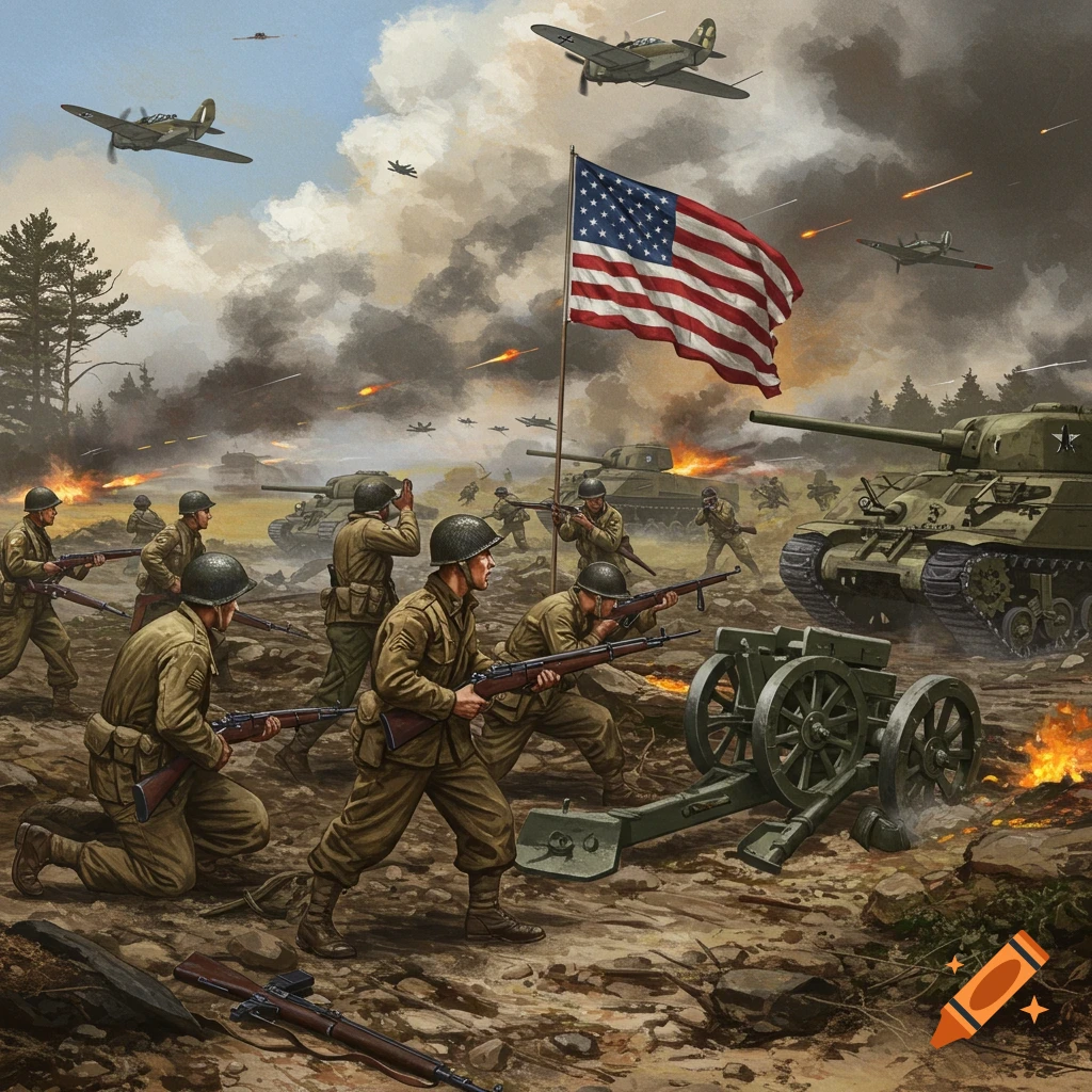 A World War II battle scene with American soldiers, tanks, planes, and ...