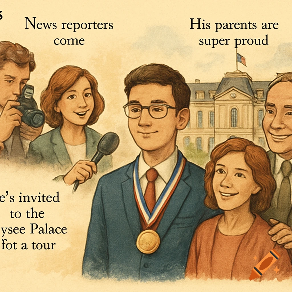 Boy wins academic prize, news reporters, proud parents, Élysée Palace ...