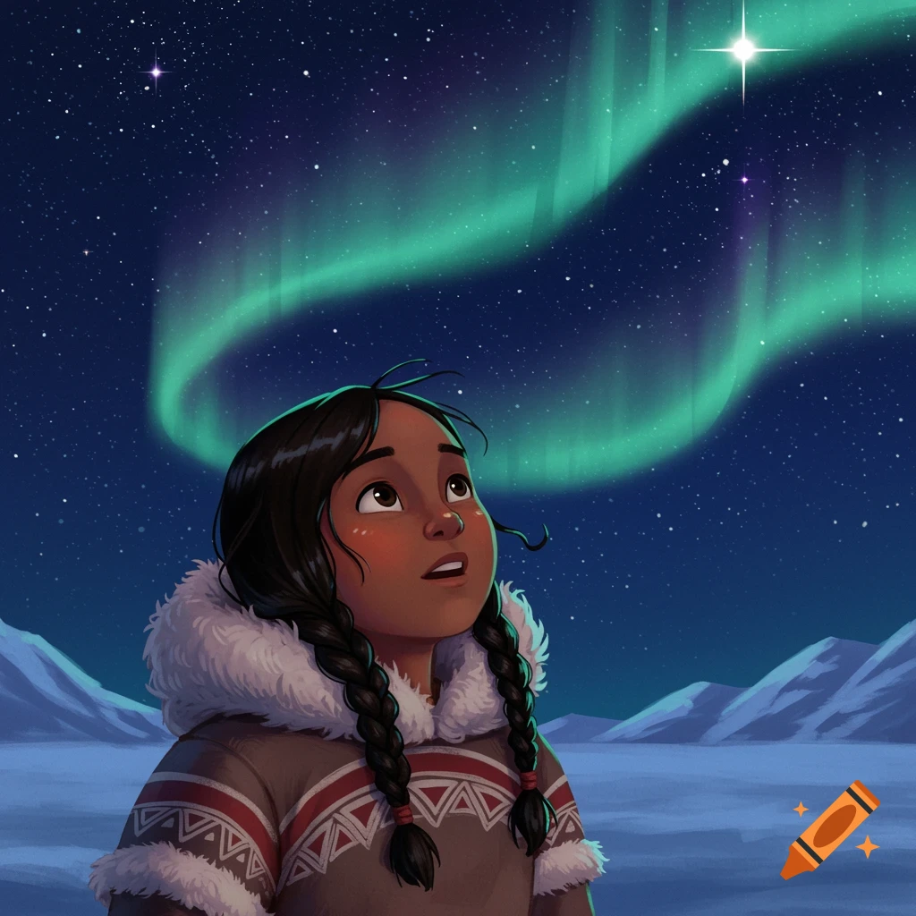 Olemaun from Fatty Legs looking up at the North Star on Craiyon