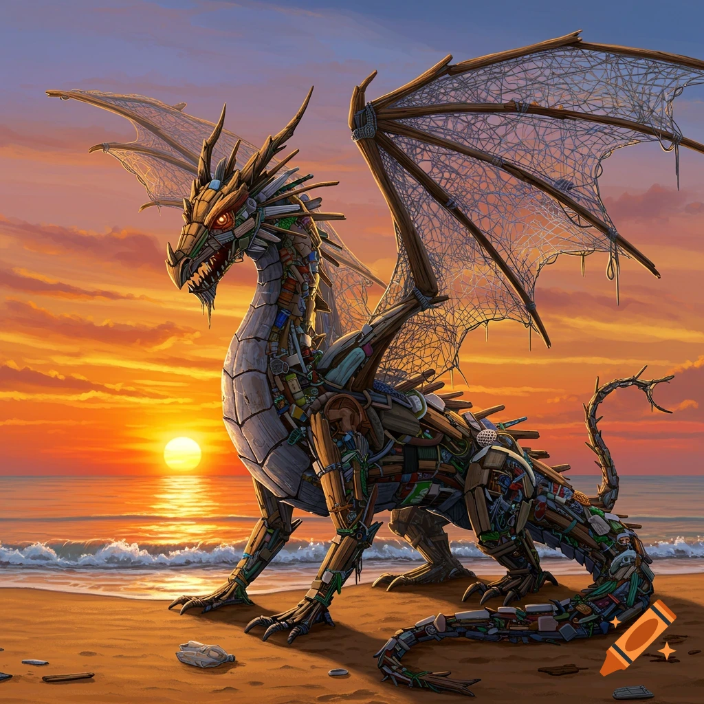 A dragon made from trash stands on a beach at sunset. on Craiyon