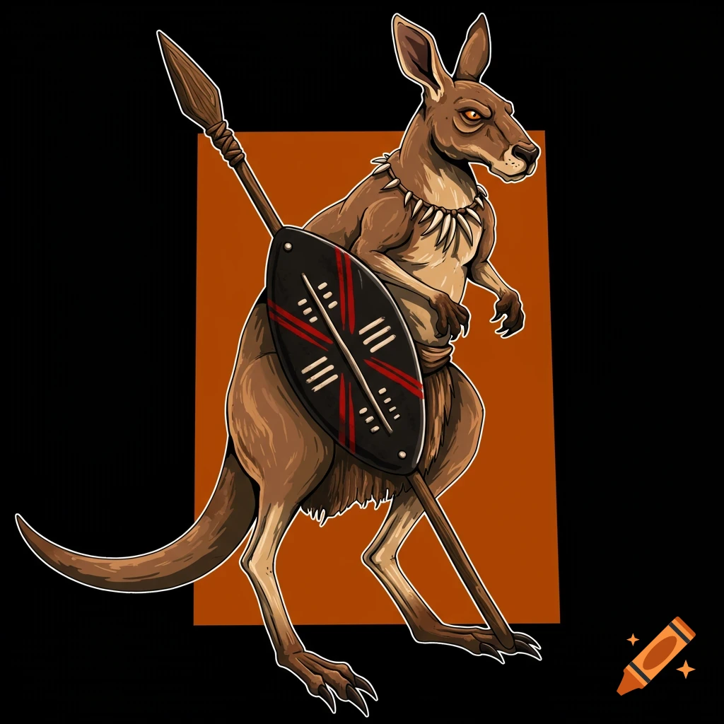 Tattoo of a fierce kangaroo with Zulu shield and spear on Craiyon