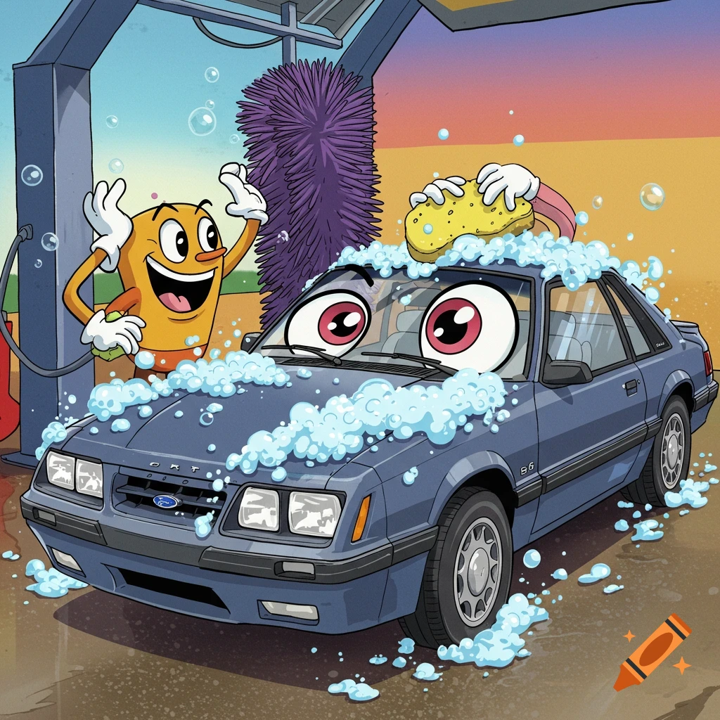 Cartoon foxbody Mustang getting washed on Craiyon