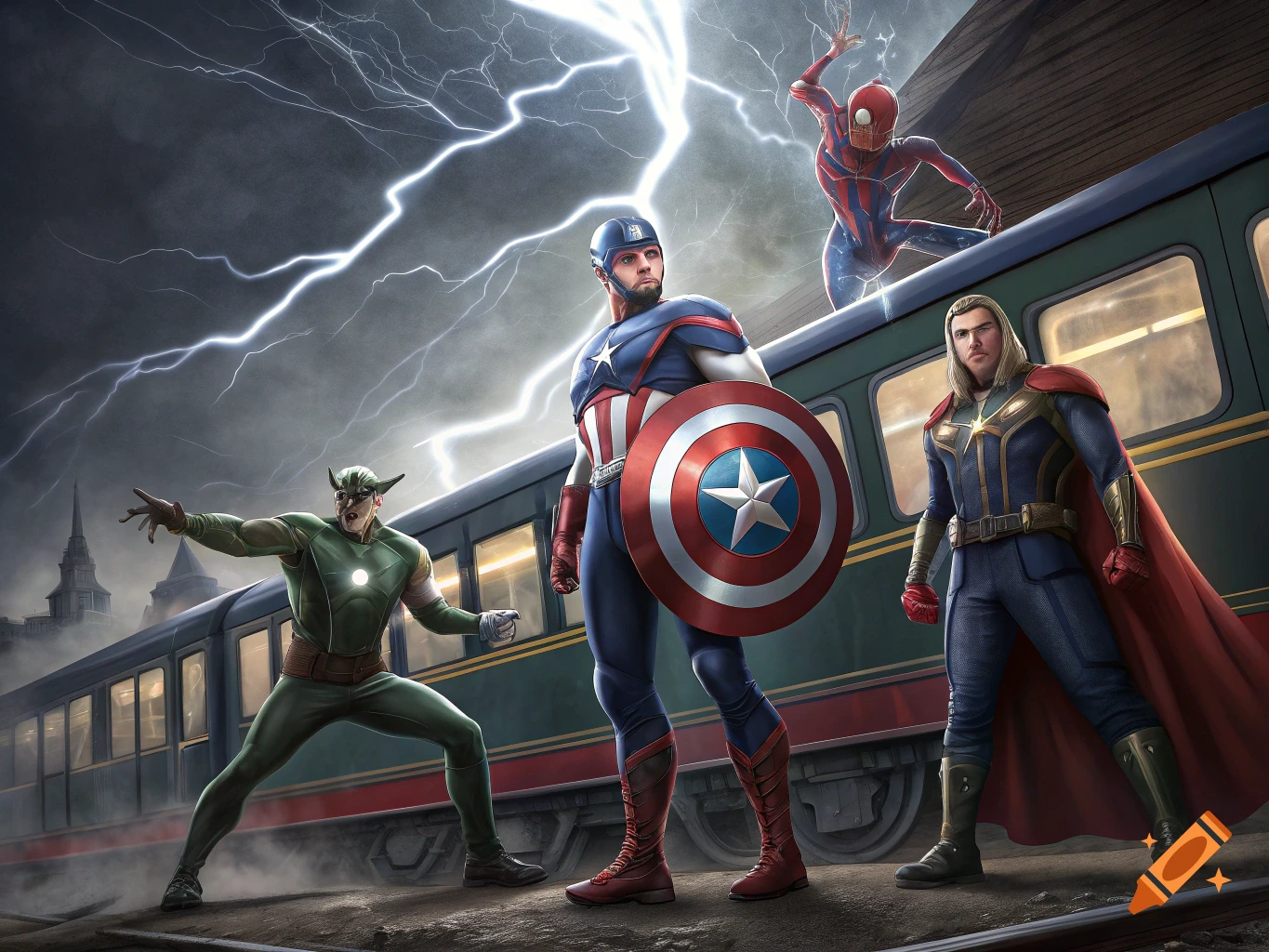Captain America, Spiderman, Captain Marvel with Loki near a British ...