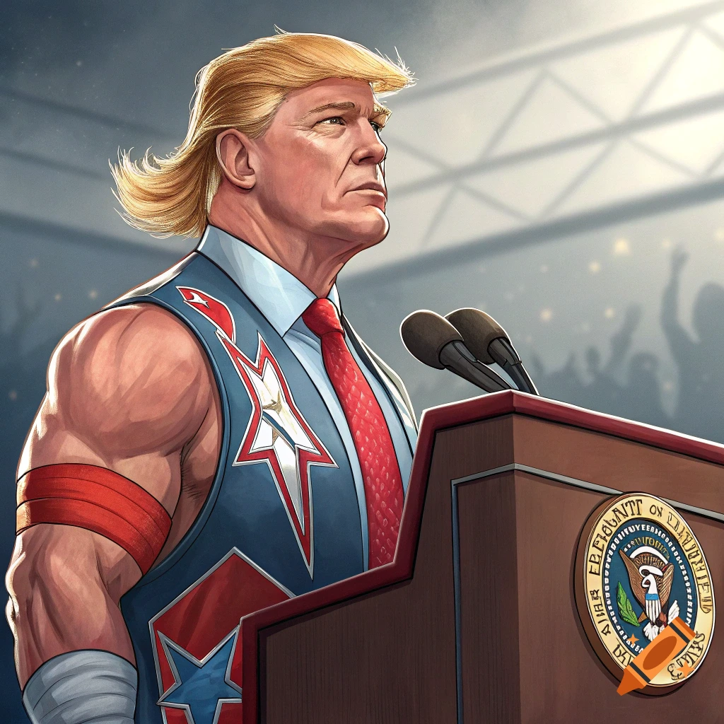 Illustration of a muscular man resembling Donald Trump in a wrestling ...
