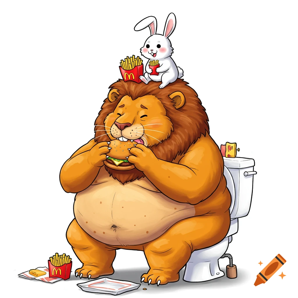 Cartoon of a fat lion sitting on a toilet eating a burger, with a ...