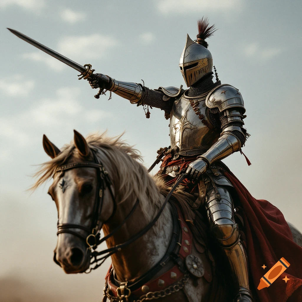 A knight in shining armor on horseback raises a sword to the sky. on ...