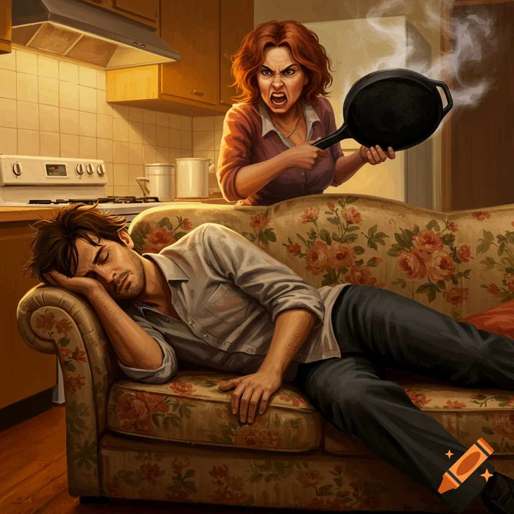 Man sleeping on couch with angry wife holding skillet on Craiyon