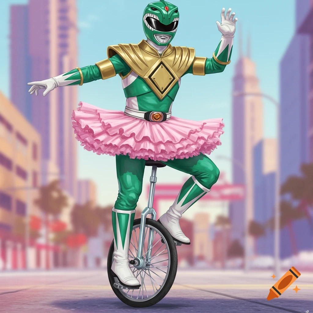 Green Power Ranger in a pink tutu rides a unicycle in a city street. on ...