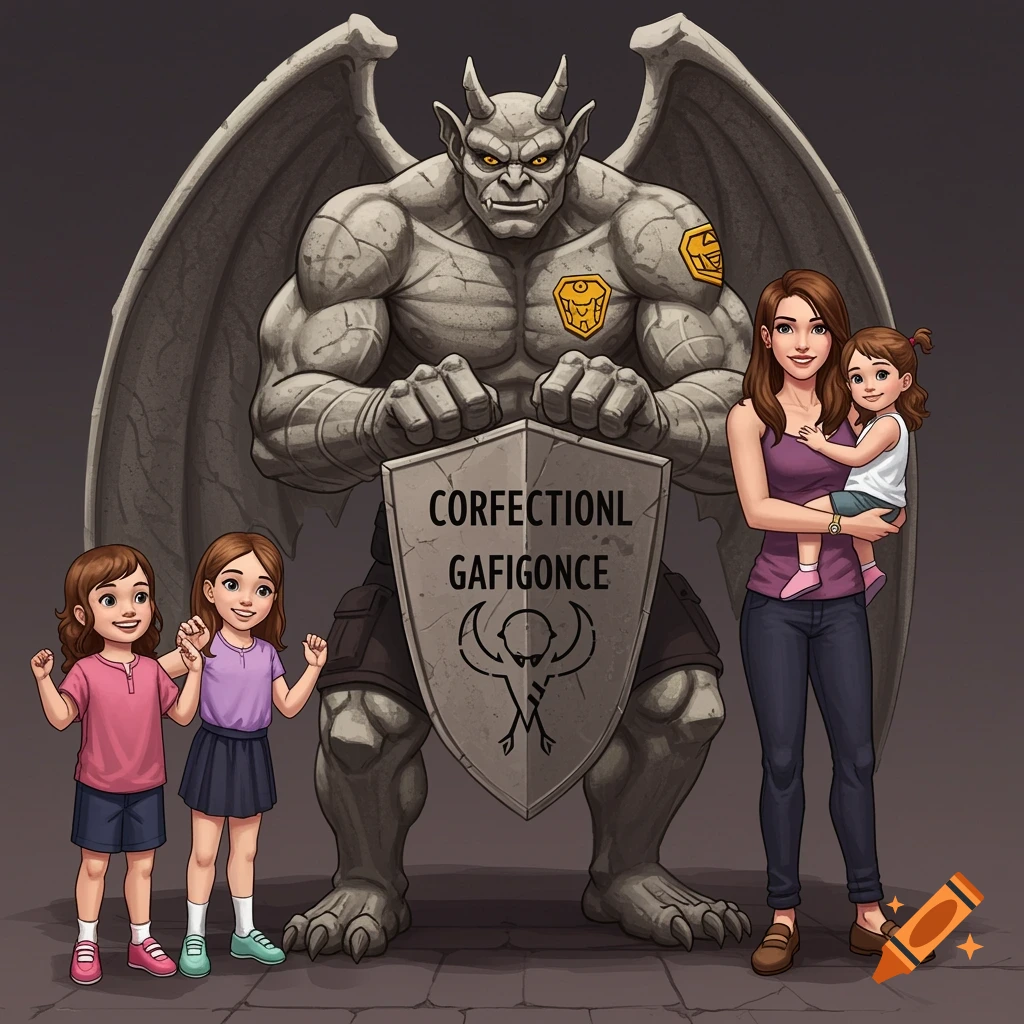 Gargoyle correctional officer protecting his wife and daughters on Craiyon