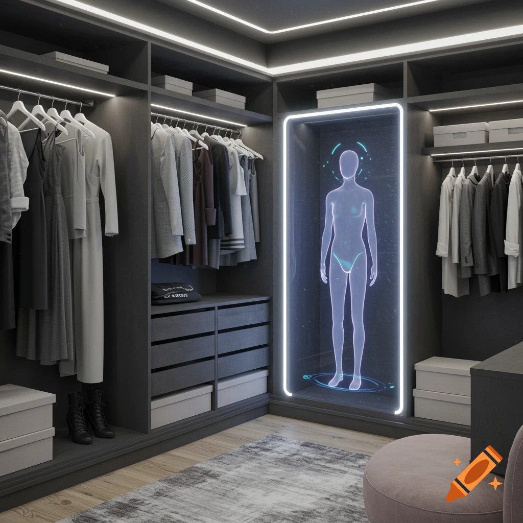 Futuristic closet with 3D body scan, rotating numbered hangers, color ...