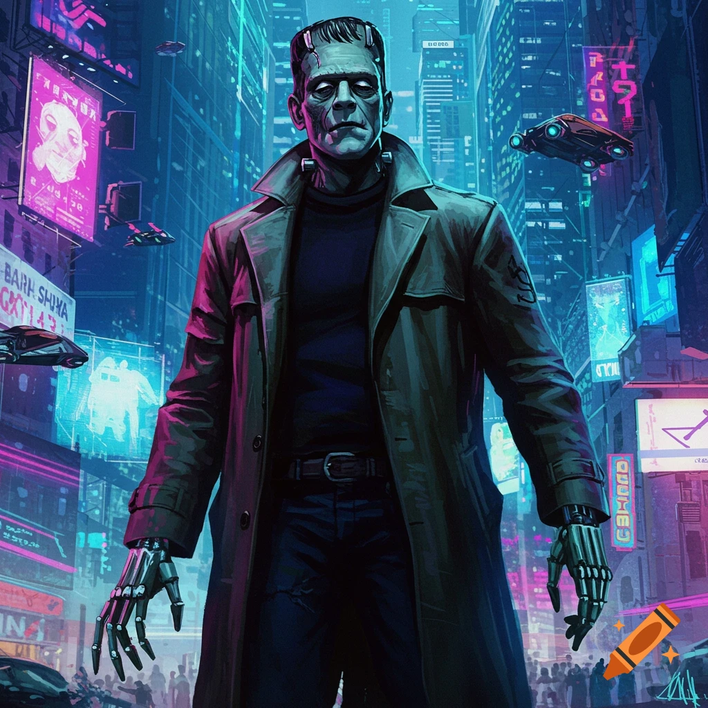 Frankenstein's monster in a cyberpunk city with glowing signs and ...