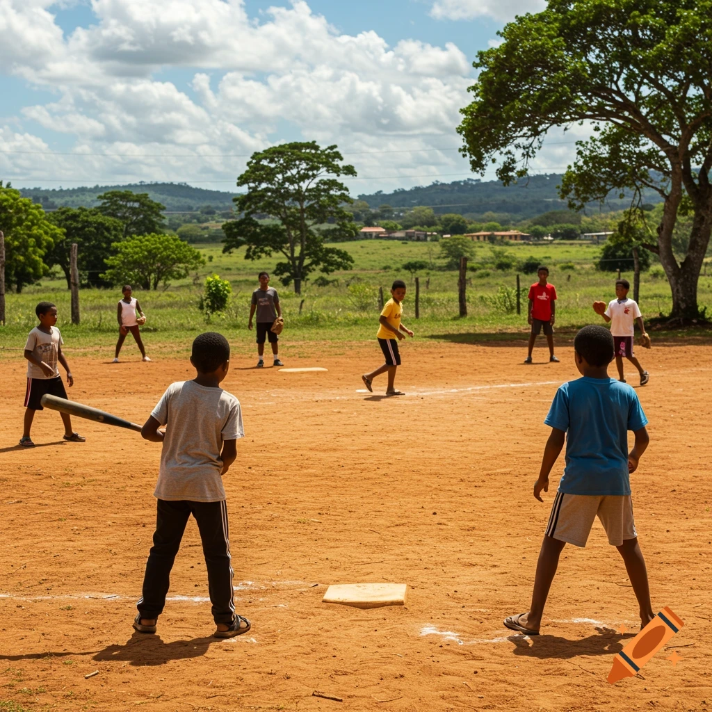 Children playing baseball on a dirt field in a rural landscape under a ...