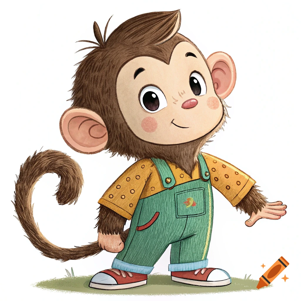 A cute cartoon monkey character wearing green overalls and a yellow ...