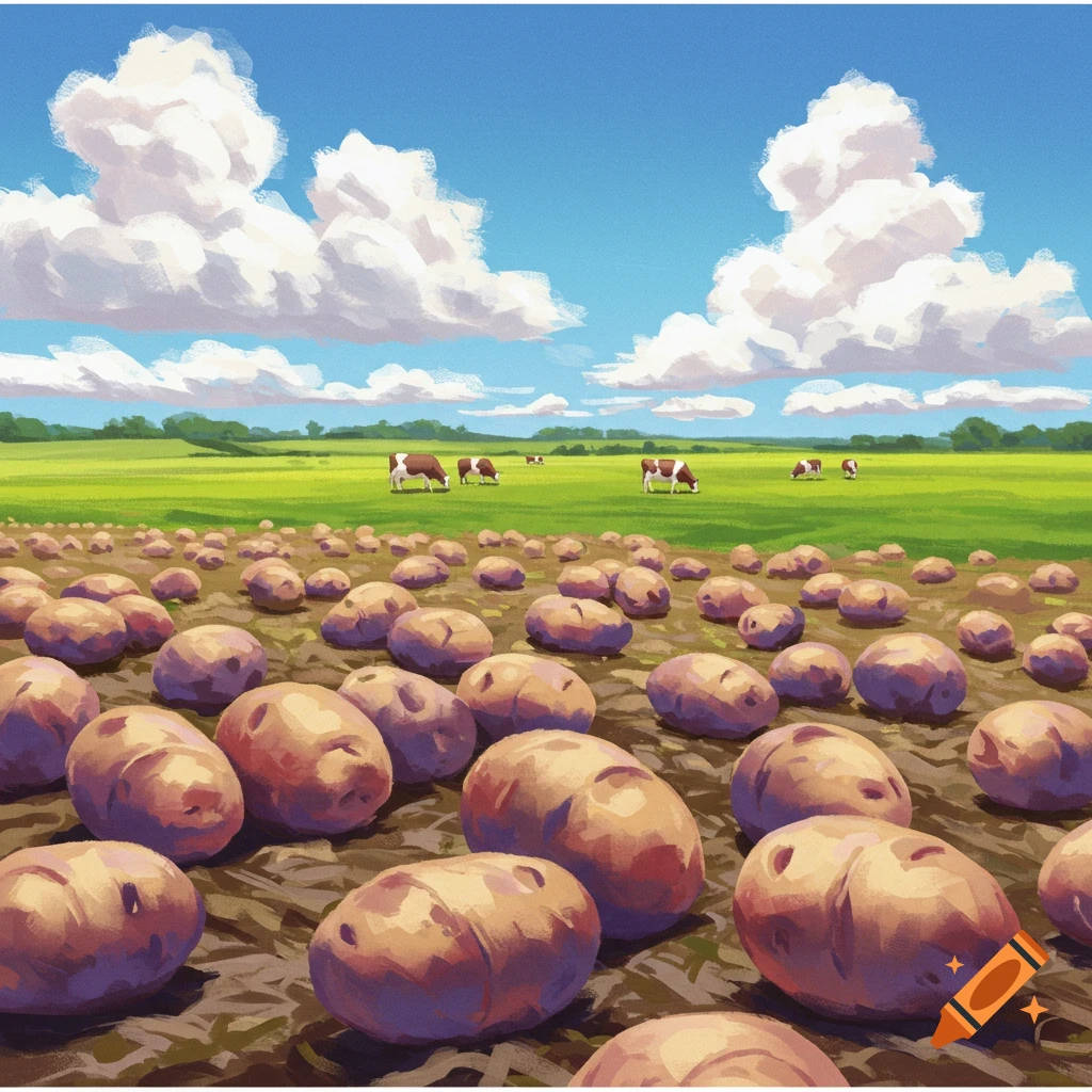 A field of potatoes with cows grazing in a pasture under a cloudy sky ...