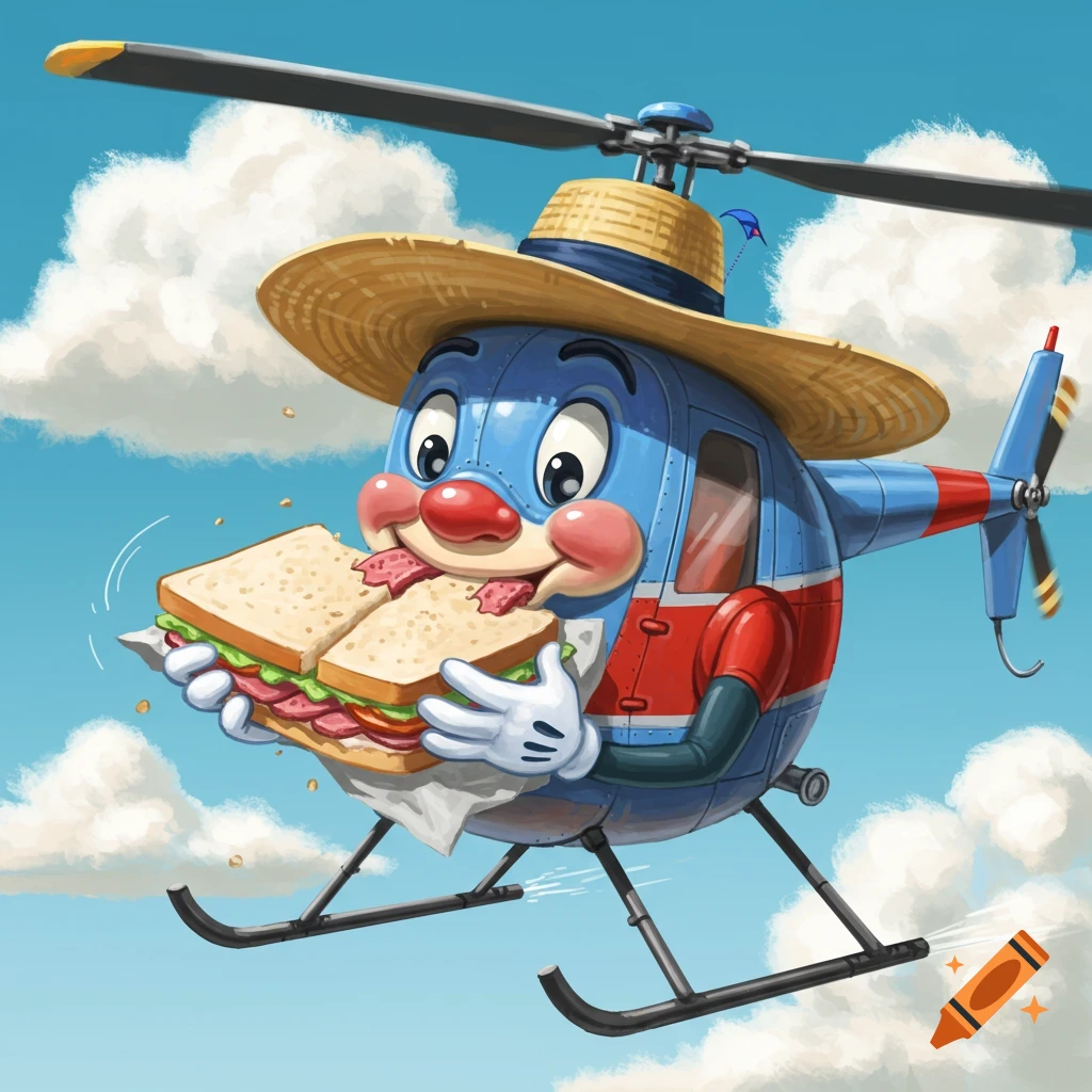 A cartoon helicopter wearing a straw hat flies in the sky while eating ...