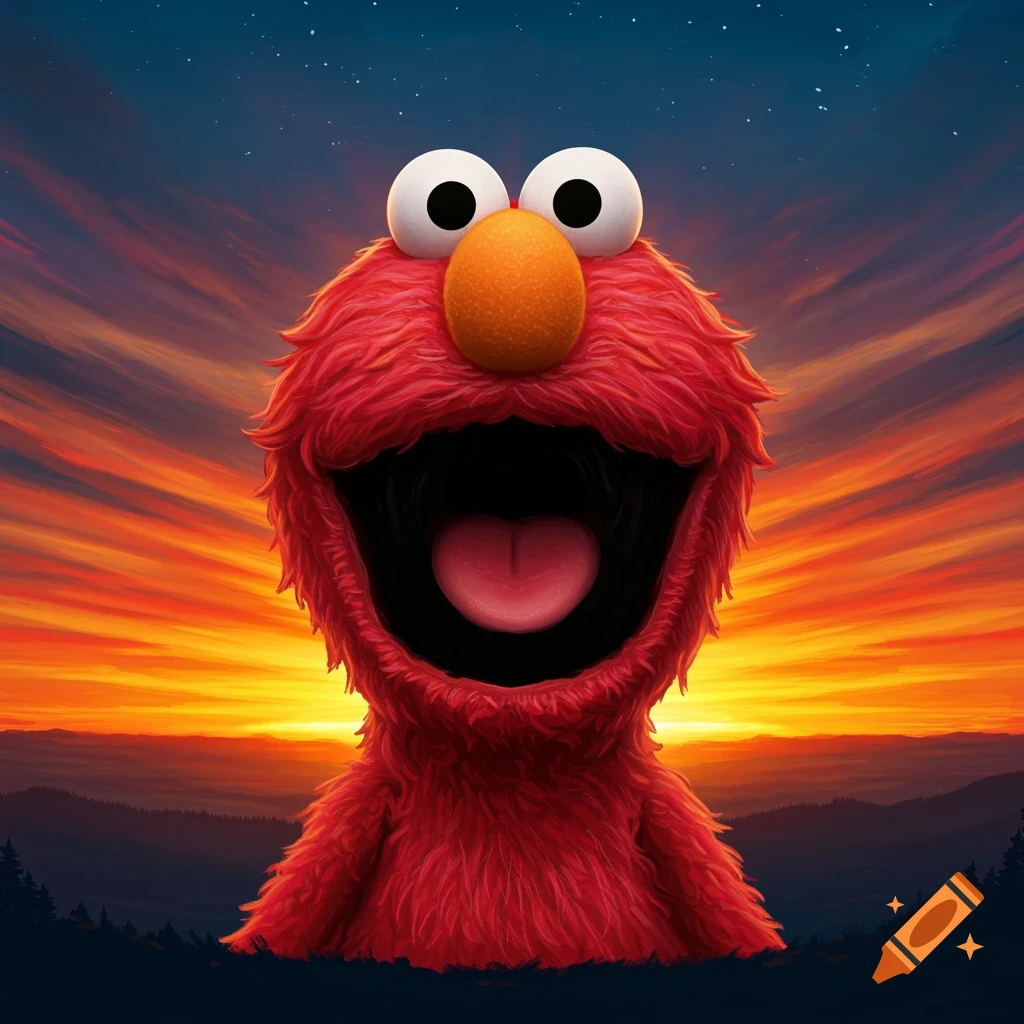 Elmo screaming against a colorful sunrise sky, digital art. on Craiyon