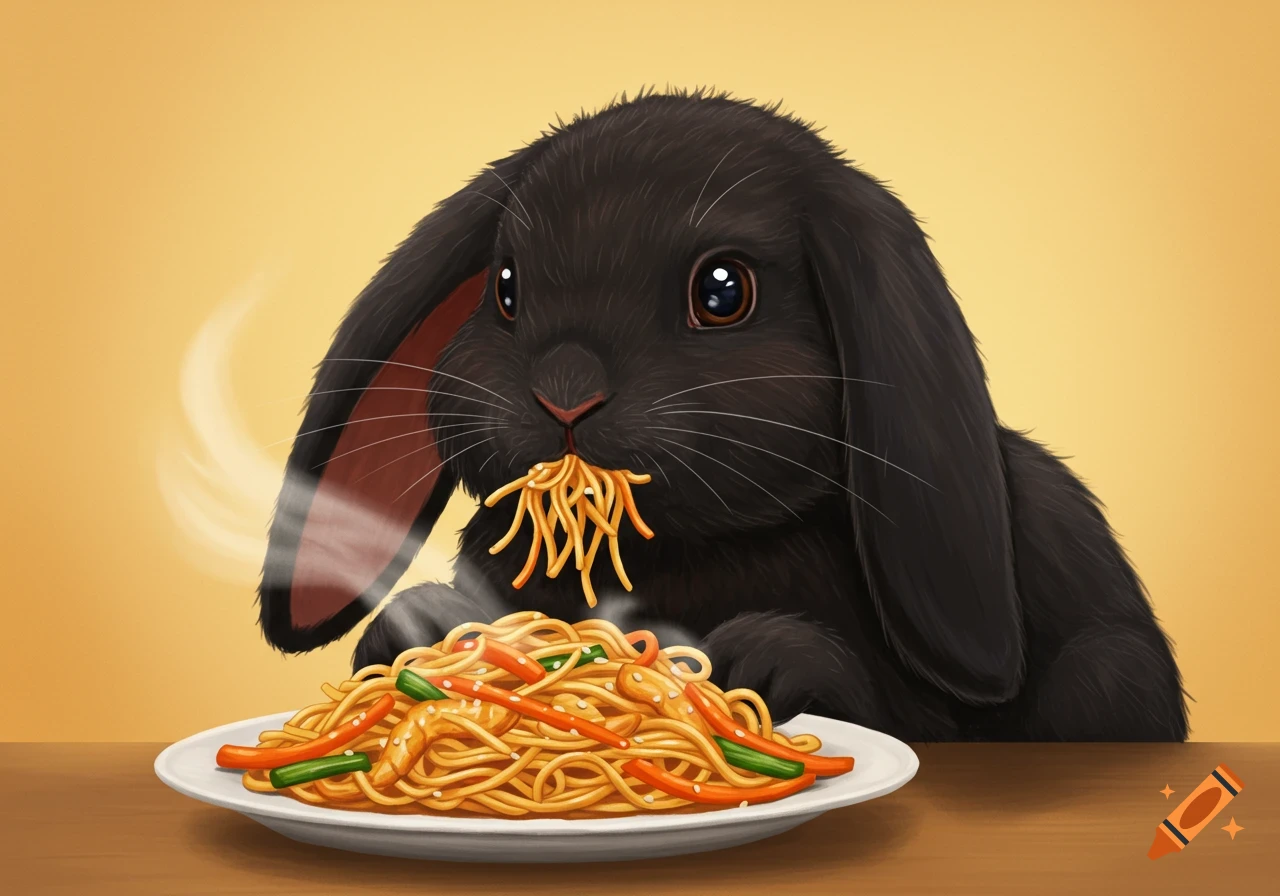 Black rabbit eating stir fried noodles from a plate. on Craiyon