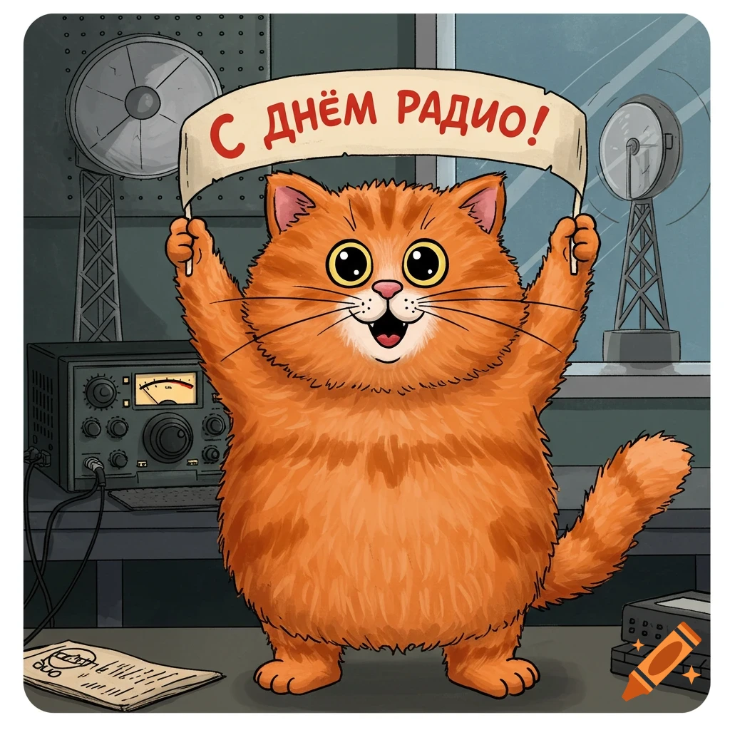 Cartoon illustration of a fluffy orange cat in a radio lab holding a ...