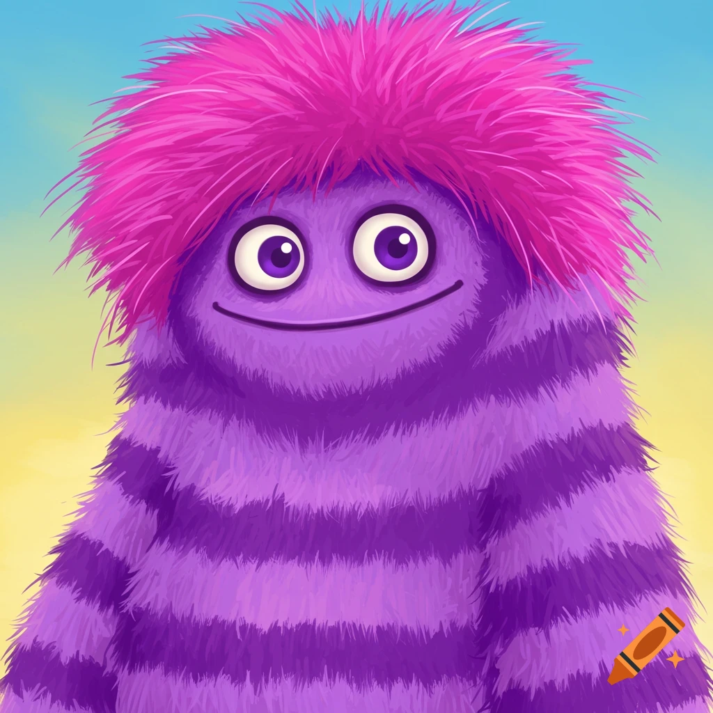 A purple striped monster with pink hair and big eyes, digital art style ...
