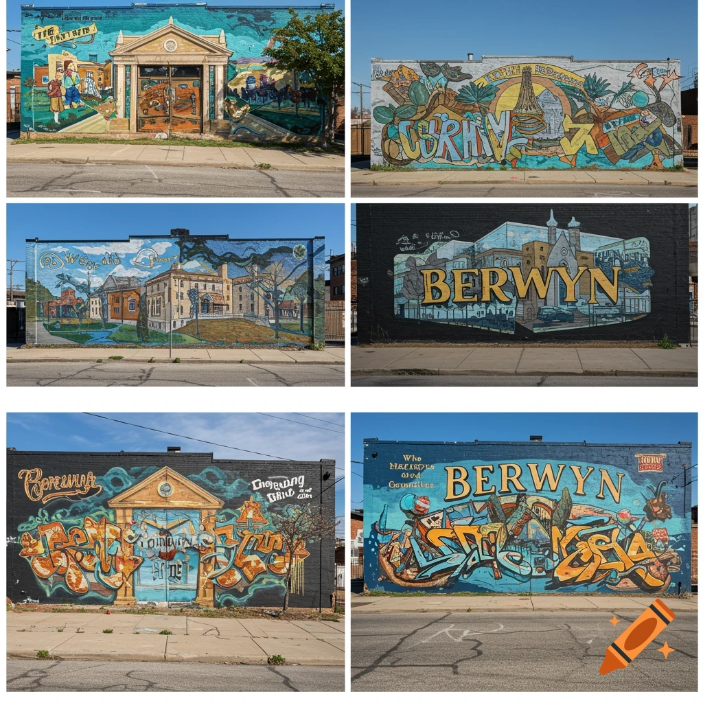 A collage shows six large outdoor murals painted on the brick walls of ...